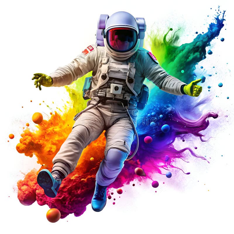 Floating Astronaut with Colorful Liquid Splashes, Isolated on White ...