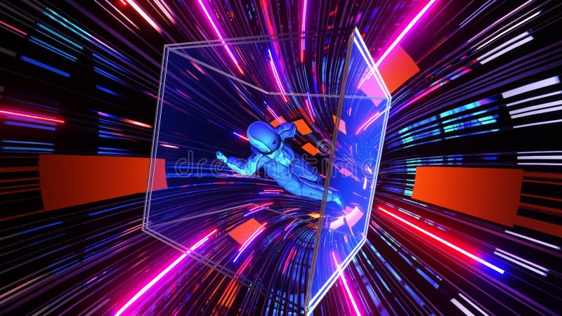 A Floating Astronaut in a Glass Cube Flying through a Hyper Tunnel ...