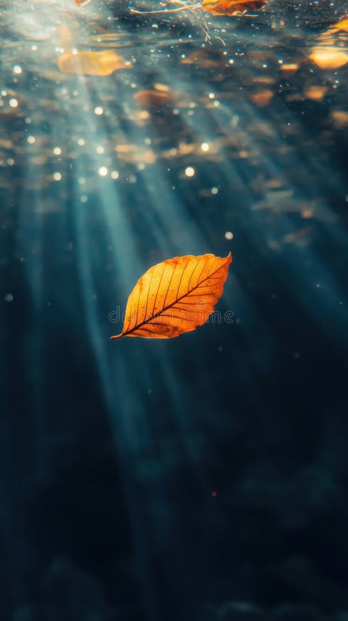 Floating Autumn Leaf Underwater Illuminated by Sun Rays, Creating a ...