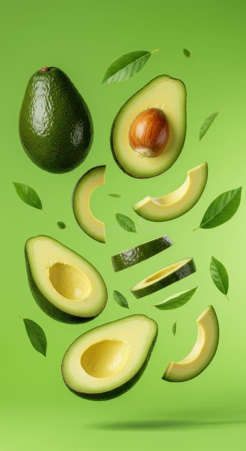 Floating Avocado Slices and Leaves Against Green Background Stock ...