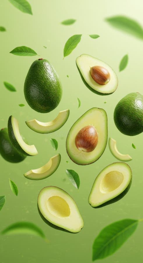 Floating Avocados and Leaves on Green Background Stock Illustration ...