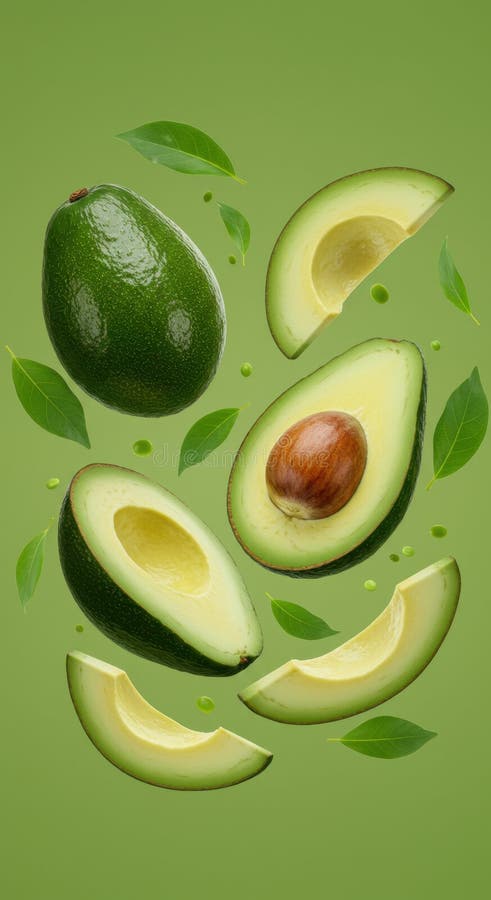Floating Avocados and Leaves on Green Background Stock Illustration ...