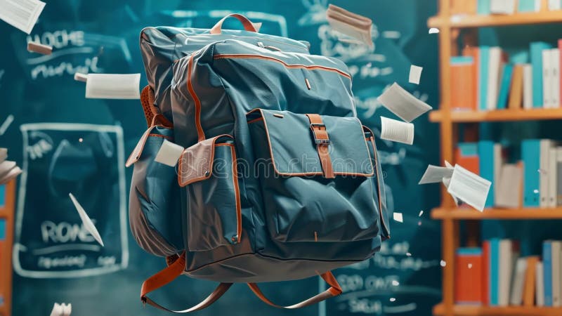 Floating Backpack Surrounded by Flying Books in Classroom Setting Stock ...