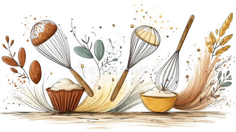 Floating Bakery Elements with Whisk, Flour, Sugar, and Tart Shell ...
