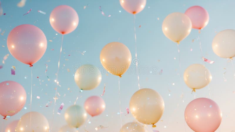 Floating Balloons in a Pastel Sky with Confetti Stock Image - Image of ...