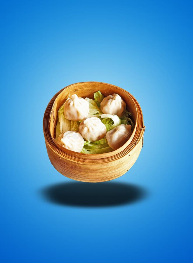 Floating Dim Sum in Bamboo Basket on Blue Gradient Stock Image - Image ...