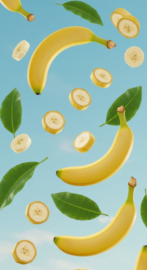 Floating Bananas and Slices Against a Blue Sky Stock Illustration ...