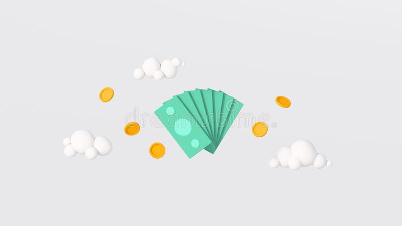 Floating Banknotes and Coins Minimal Cartoon Style 3D Render ...