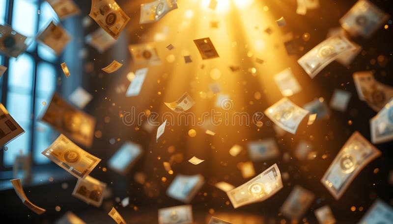 Floating Banknotes in Shimmering Golden Light, Blurred Background Stock ...
