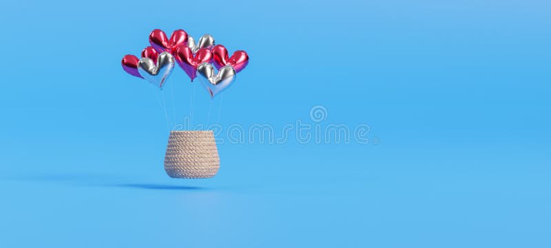 Floating Basket with Heart Shaped Balloons on a Blue Background. Stock ...