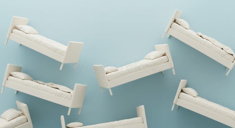 Floating Beds on Light Blue Background in Surreal Pattern Stock ...