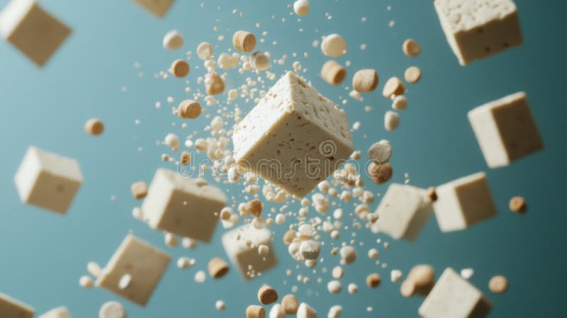 Floating Beige Cubes and Small Particles on Blue Background Stock ...