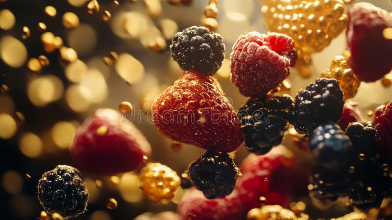 Floating Berries in Golden Light: a Closeup of Raspberries ...