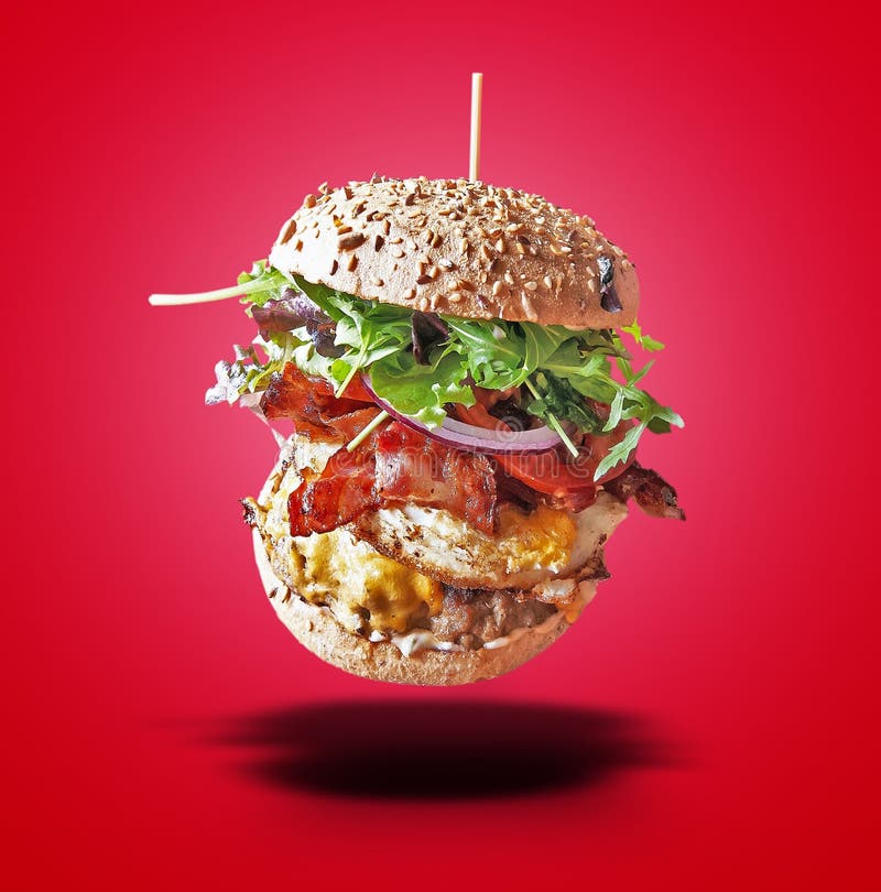 Floating Big Burger Flying on Red Gradient Stock Photo - Image of pork ...