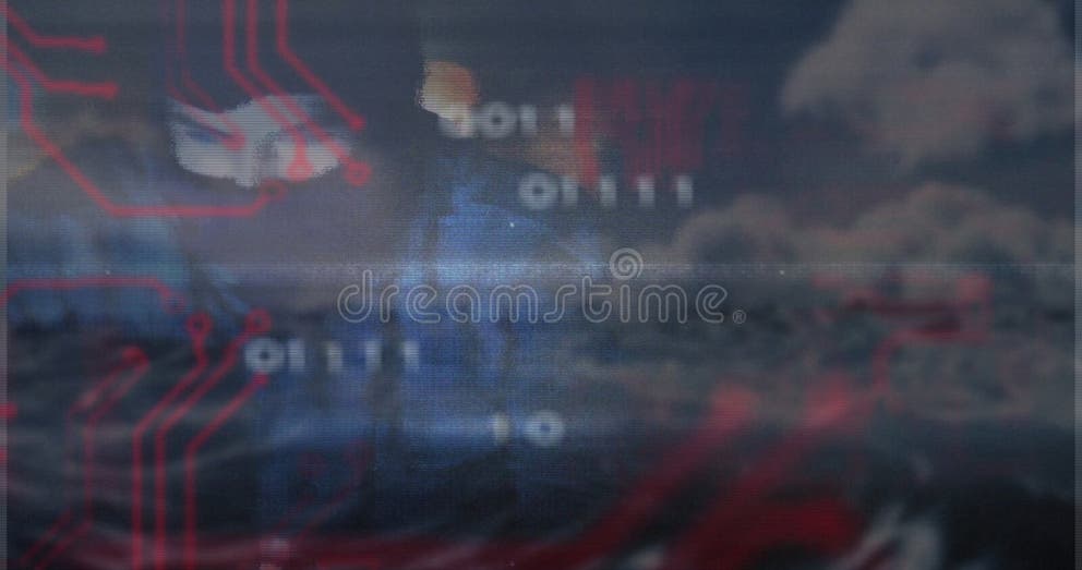 Floating Binary Digits and Red Circuit Traces in Matrix, with Glitch Scan Lines and Static Noise ...