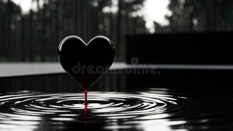 Floating Black Heart Dripping Red Over Rippling Water in Forest Setting ...