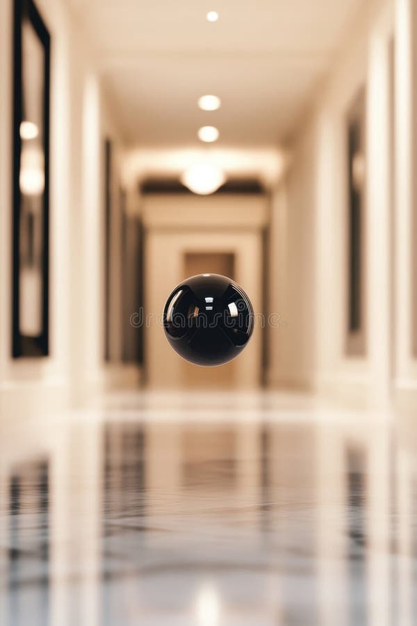 Floating Black Sphere in a Bright Modern Hallway with Abstract Focus ...