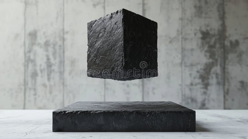 Floating Black Stone Cube in Minimalist Space Stock Illustration ...