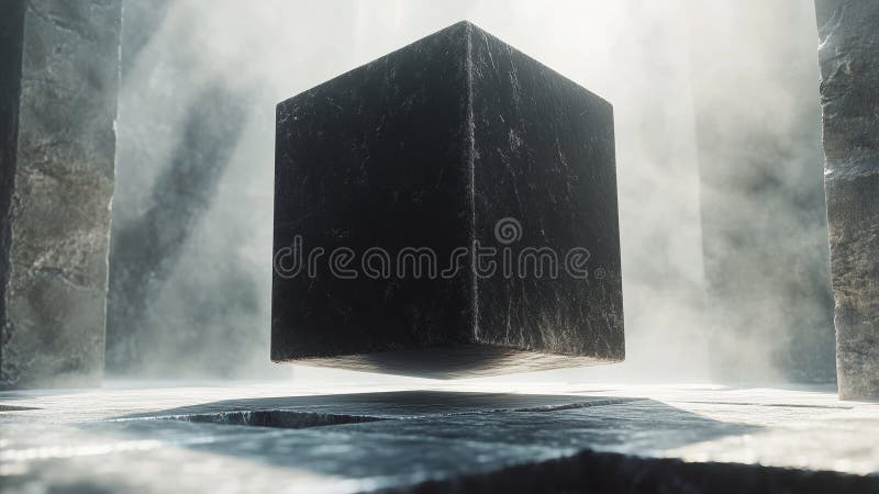 Floating Black Stone Cube in Minimalist Space Stock Illustration ...