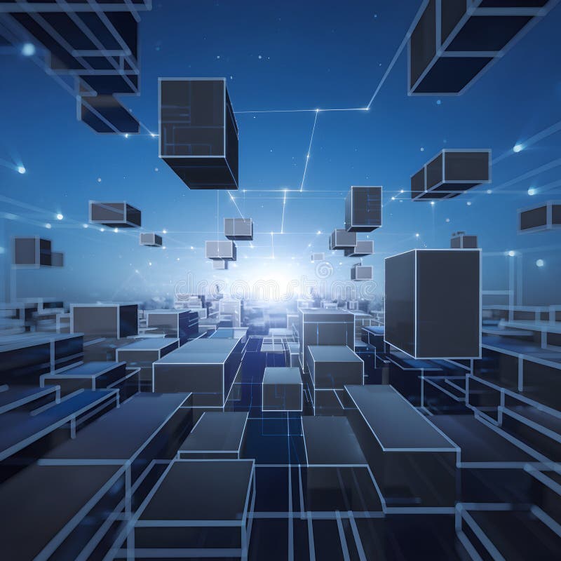 Floating Blocks Connected by Blue Lines, Deep Sky Suggesting Futuristic ...