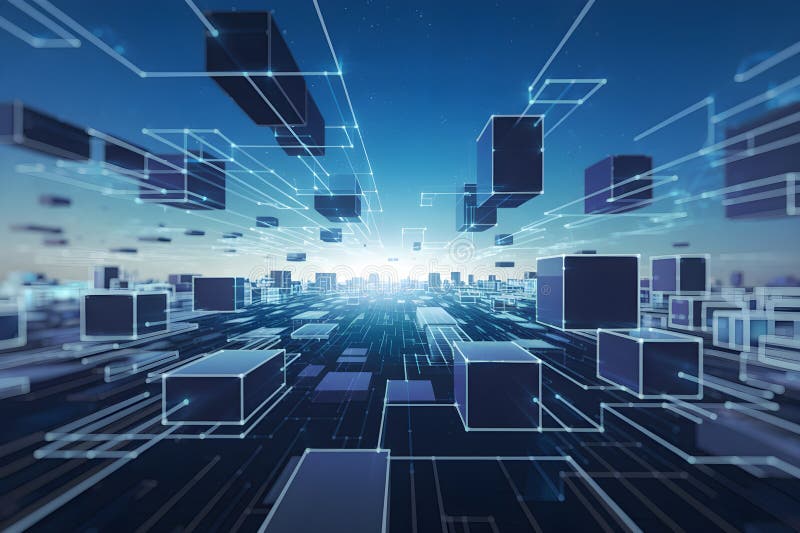 Blocks Connected by Blue Lines, Deep Sky Suggesting Futuristic Depth ...