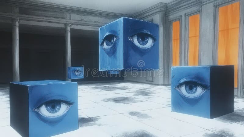 Floating Blue Cubes with Eyes in a Surreal, Empty Room Stock ...