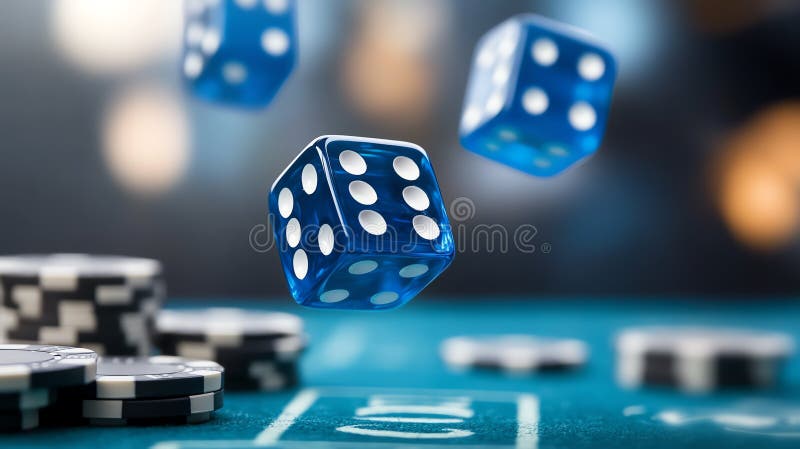 Floating Blue Dice Over a Gaming Table with Chips, Vibrant Action Shot ...