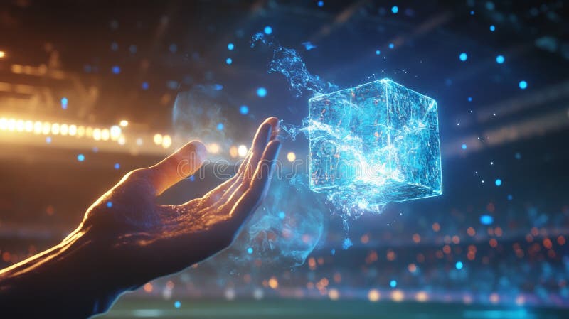 Floating Blue Digital Cube in a Futuristic Hand in a High-tech World ...