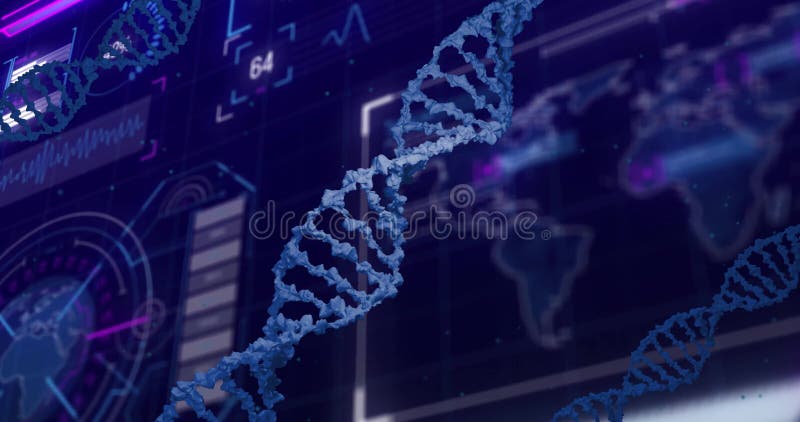 Floating Blue DNA Helix Rotating in Laboratory Interface, with World Map and Data Panels Stock ...