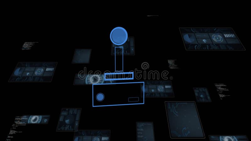 Floating Blue Geometric Shapes and Data Screens on Digital Animation ...