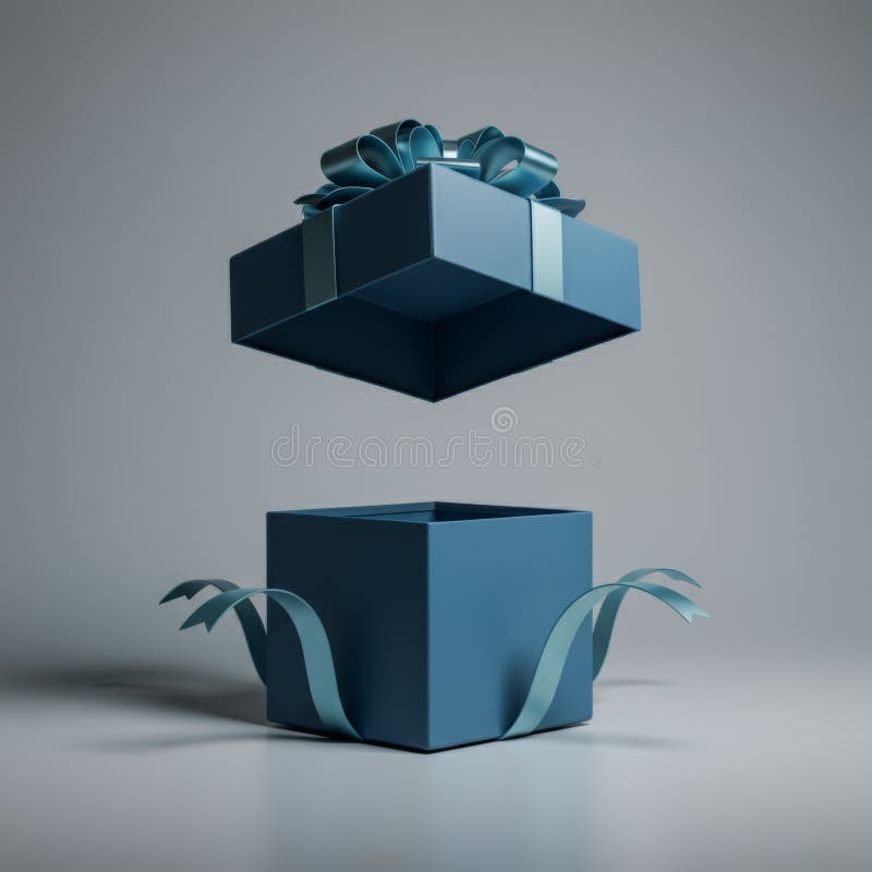 Floating Blue Gift Box with Open Lid and Ribbon in Minimalist Setting ...