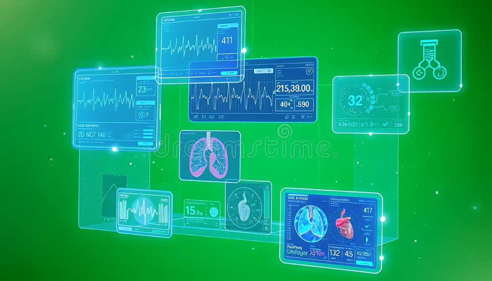 Floating Blue Medical Interface Elements on Green Screen Background for ...