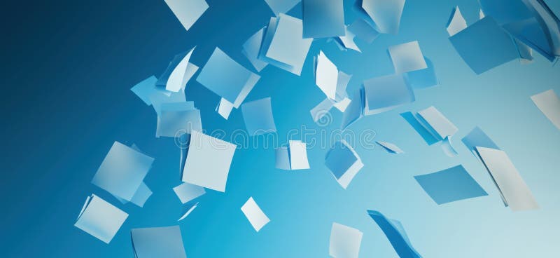 Floating Blue Papers in Air, Dynamic Motion, Abstract Background, Light ...
