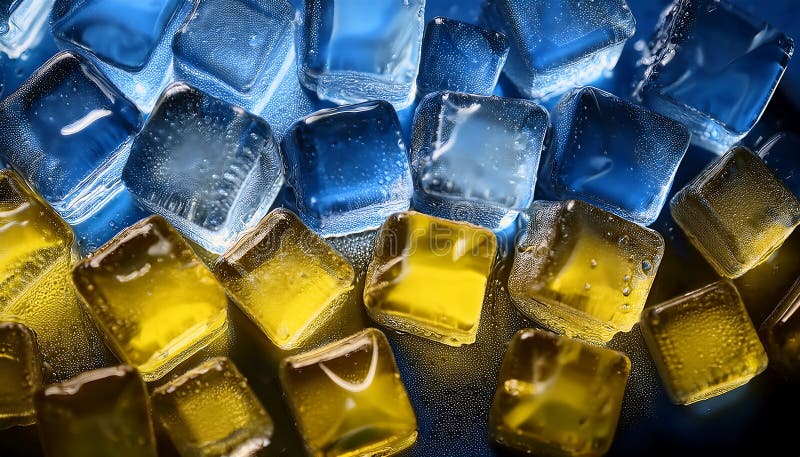 Floating Blue Yellow Ukraine Flag Ice Cubes in a Close-up Pattern, Dark ...