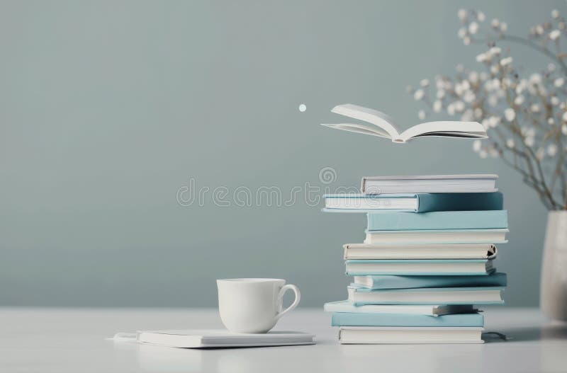 Floating Book Above Stack with Coffee Cup and Decorative Flowers in ...