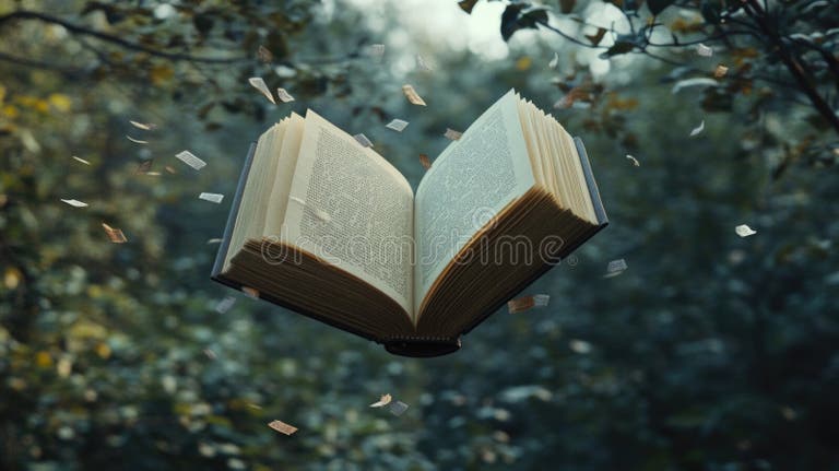 Floating Book in Enchanted Forest with Falling Book Pages Stock Photo ...