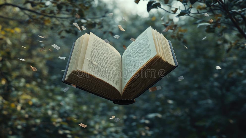 Floating Book in Enchanted Forest with Falling Book Pages Stock Photo ...