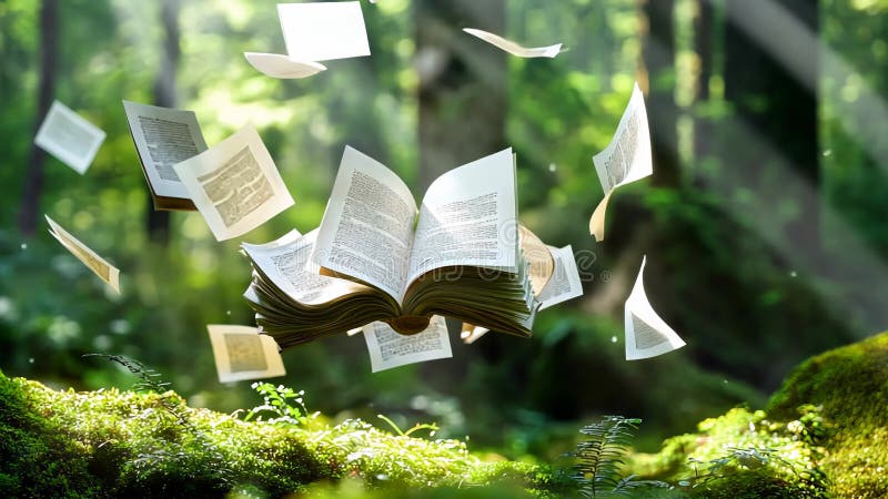 Floating Book in Enchanted Forest with Flying Pages and Sunlit Greenery ...