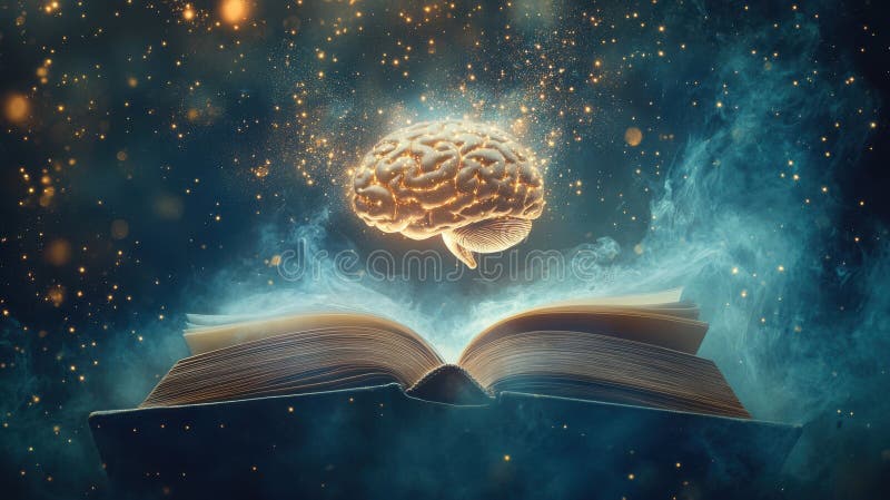 Floating Book with Glowing Brain and Sparkles, Magical Fantasy Concept ...