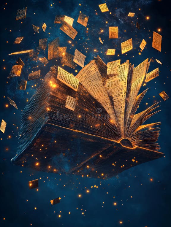 Floating Book with Glowing Pages in a Starry Night Sky. Stock Photo ...