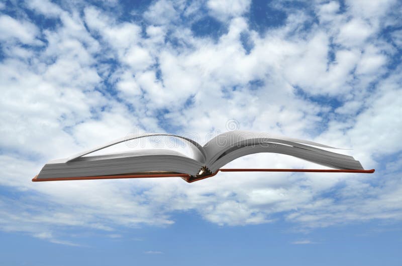 Open Book Flying on Blue Sky Stock Image - Image of literature ...