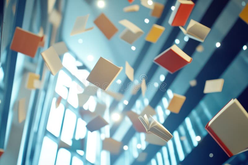 Floating Book Pages in Modern Bright Library Stock Image - Image of ...