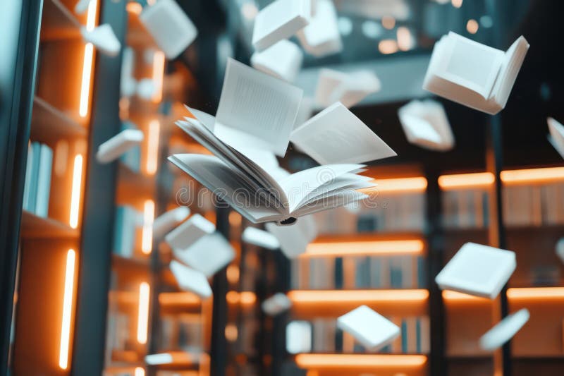 Floating Book Pages in Modern Bright Library Stock Photo - Image of ...