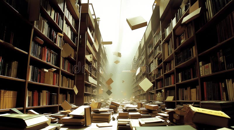 Floating Books Create a Surreal Atmosphere in a Grand Library during an ...