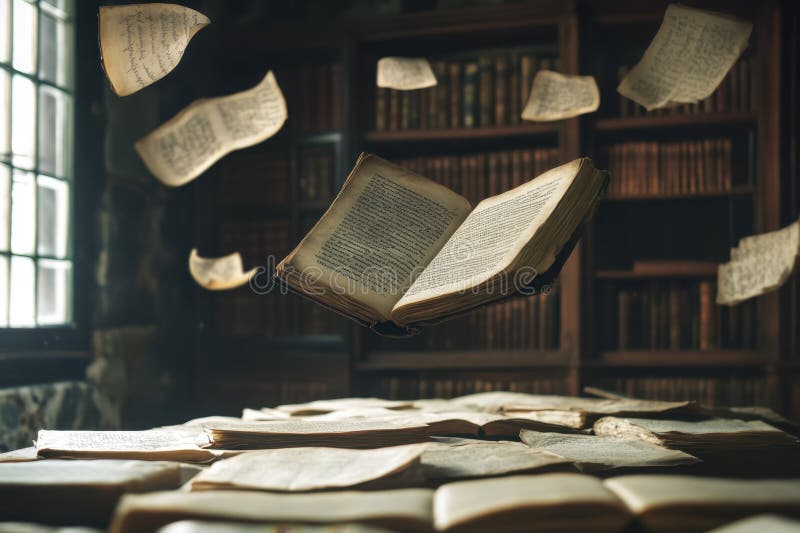 Floating Books in a Dimly Lit Library Create an Enchanting Atmosphere ...