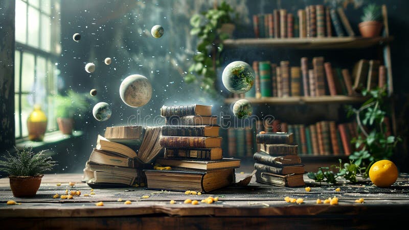 Books Floating in an Enchanted Library with Planets and Greenery during ...