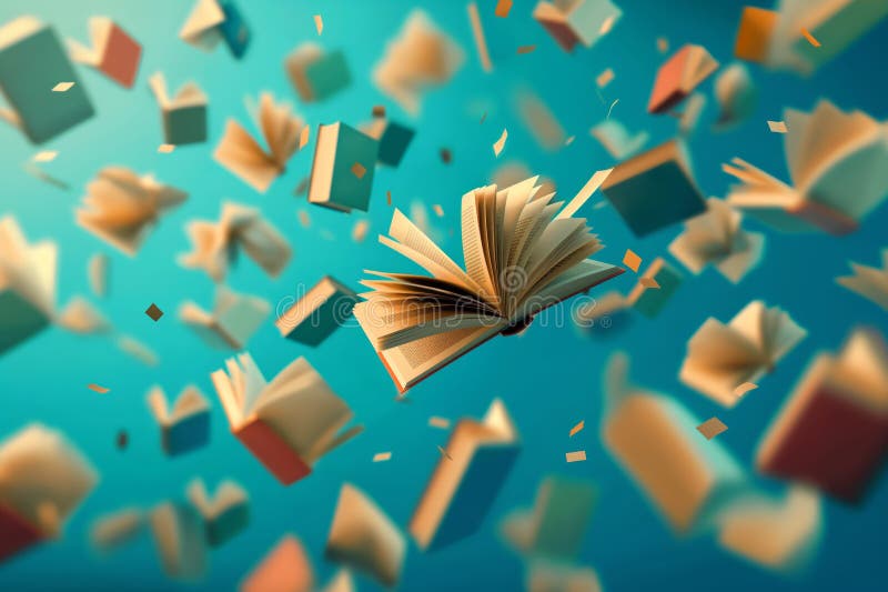 Floating Books in Vibrant Teal Background Stock Illustration ...