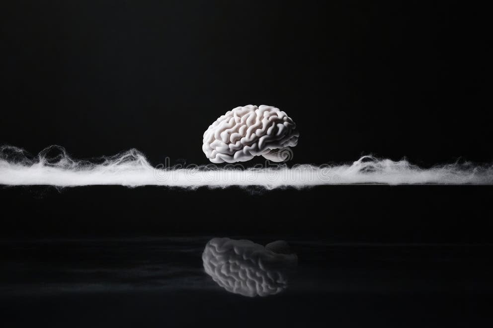 Floating Brain on Dark Background with Reflection and Fog Stock Image ...