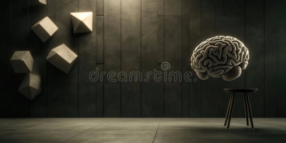 Floating Brain in Dark Room with Geometric Shapes and Stool Stock ...