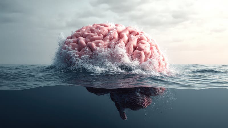 A Floating Brain Emerging from the Ocean with Gentle Waves Stock ...